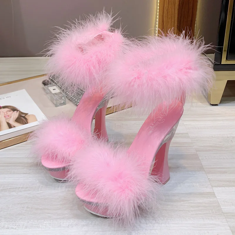 2020 New 4 Color Feather Thick High Heels Platform Sandals Women 14cm ...