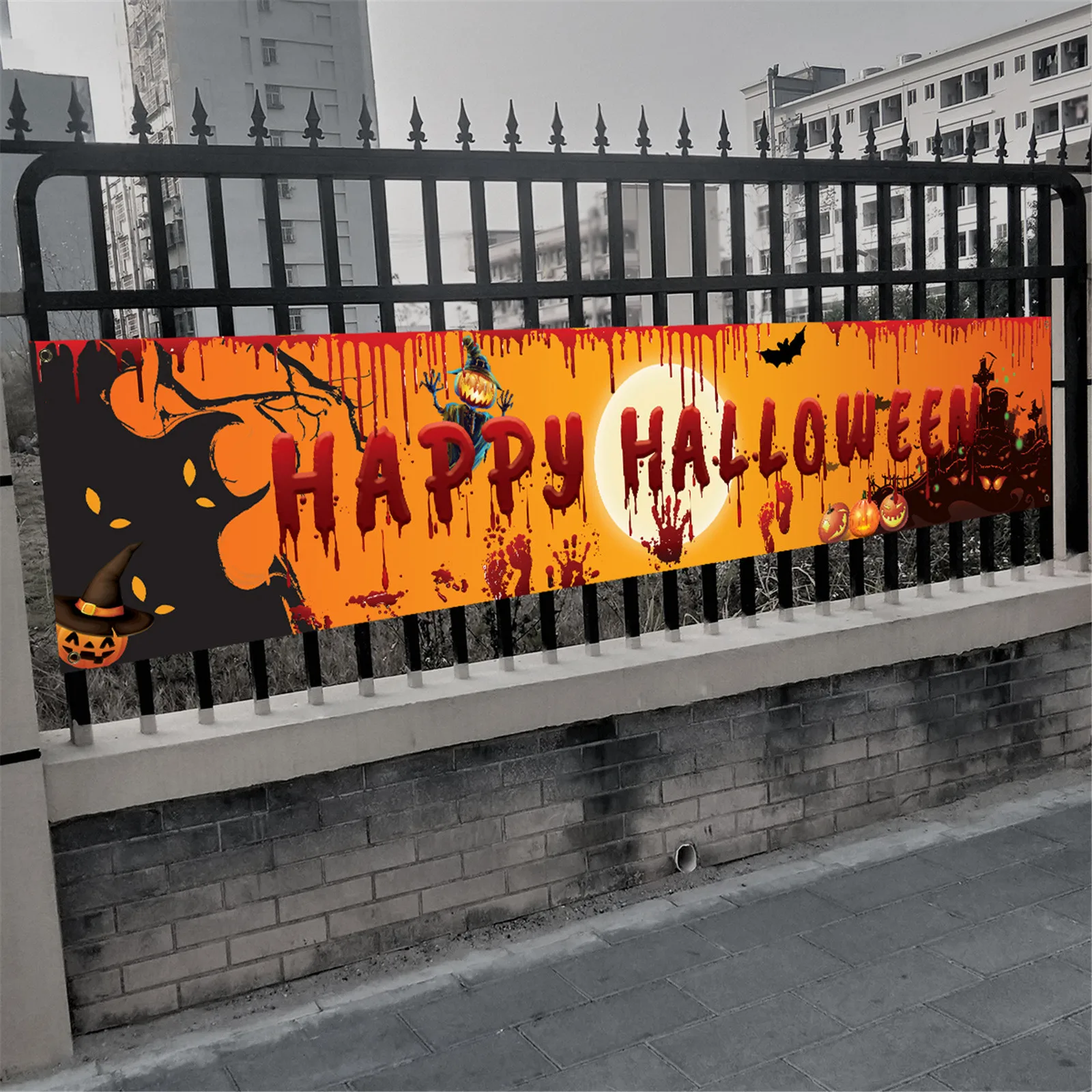Halloween Banner Pull Flag Courtyard Fence Banner Horror Party Hanging ...