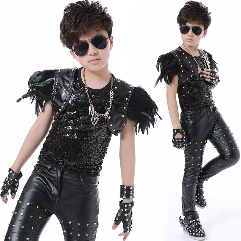Feather Stud Hip Hop Boys Jazz Costumes Sequined Black Vest Leather ...