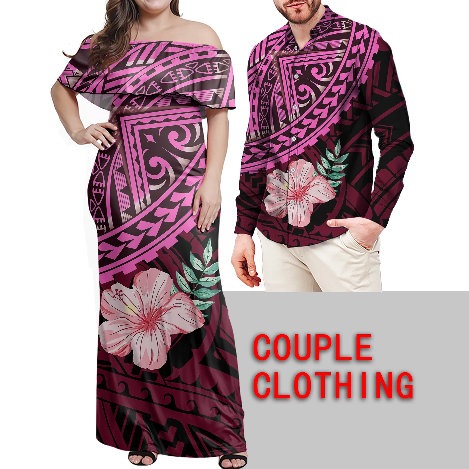 Polynesian Tribal Couples Clothes Hibiscus Women Ruffle Off Shoulder ...