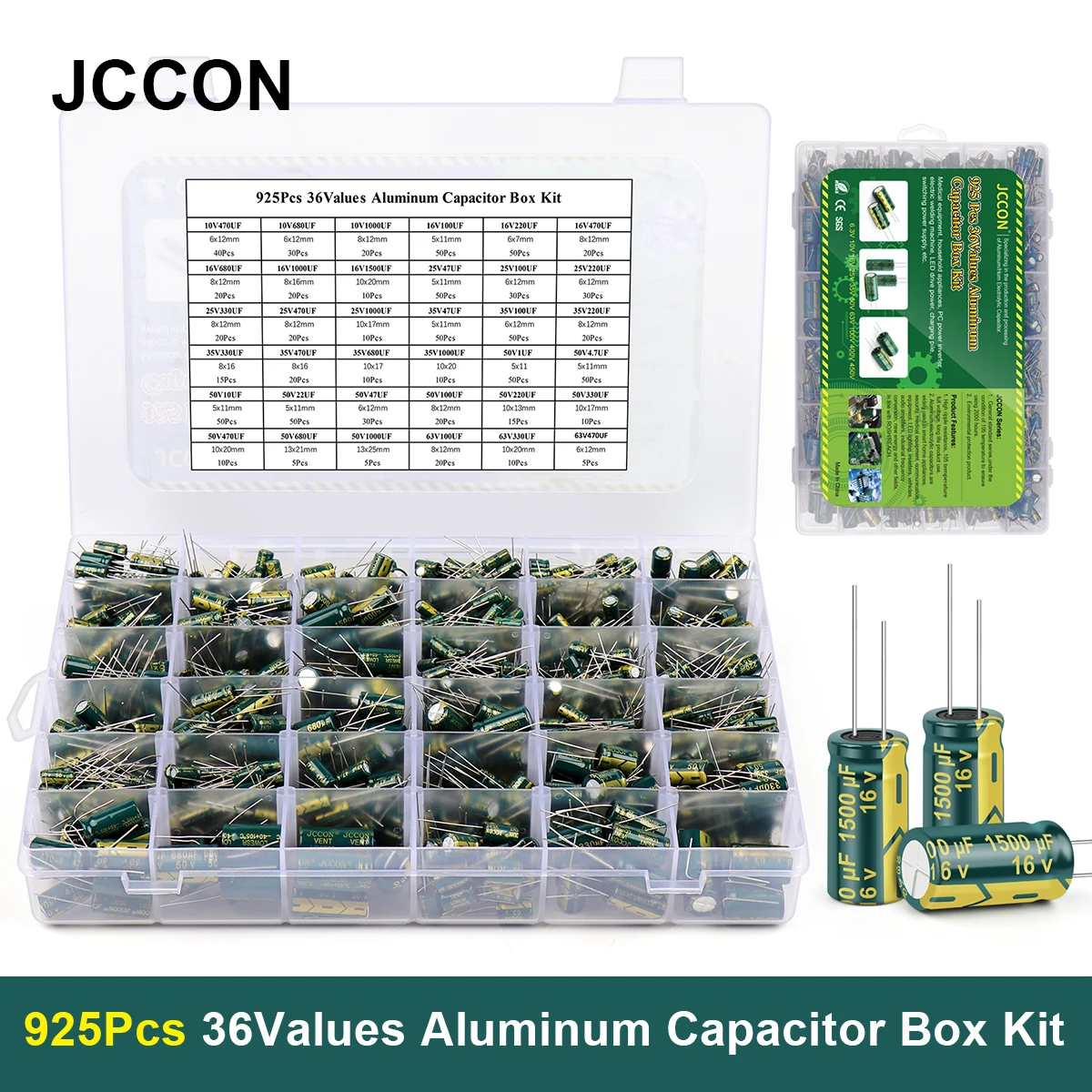 925pcs/box 36values Jccon Aluminum Electrolytic Capacitor 10v-63v 1uf-1500uf Assorted Kit ...