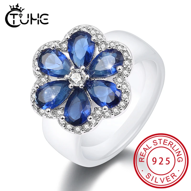 New 925 Sterling Silver Flower Ceramic Ring For Women With Blue Crystal ...