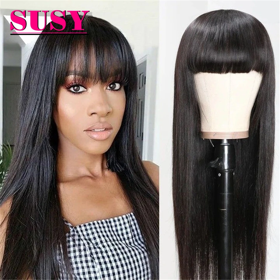 Perucas de cabelo humano em linha reta com franja glueless peruca com ...
