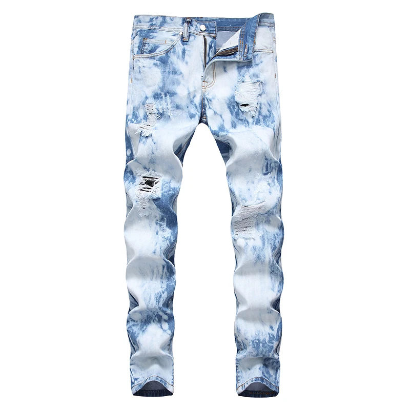 Men's light blue tie and dyed snow washed denim jeans Streetwear holes ...