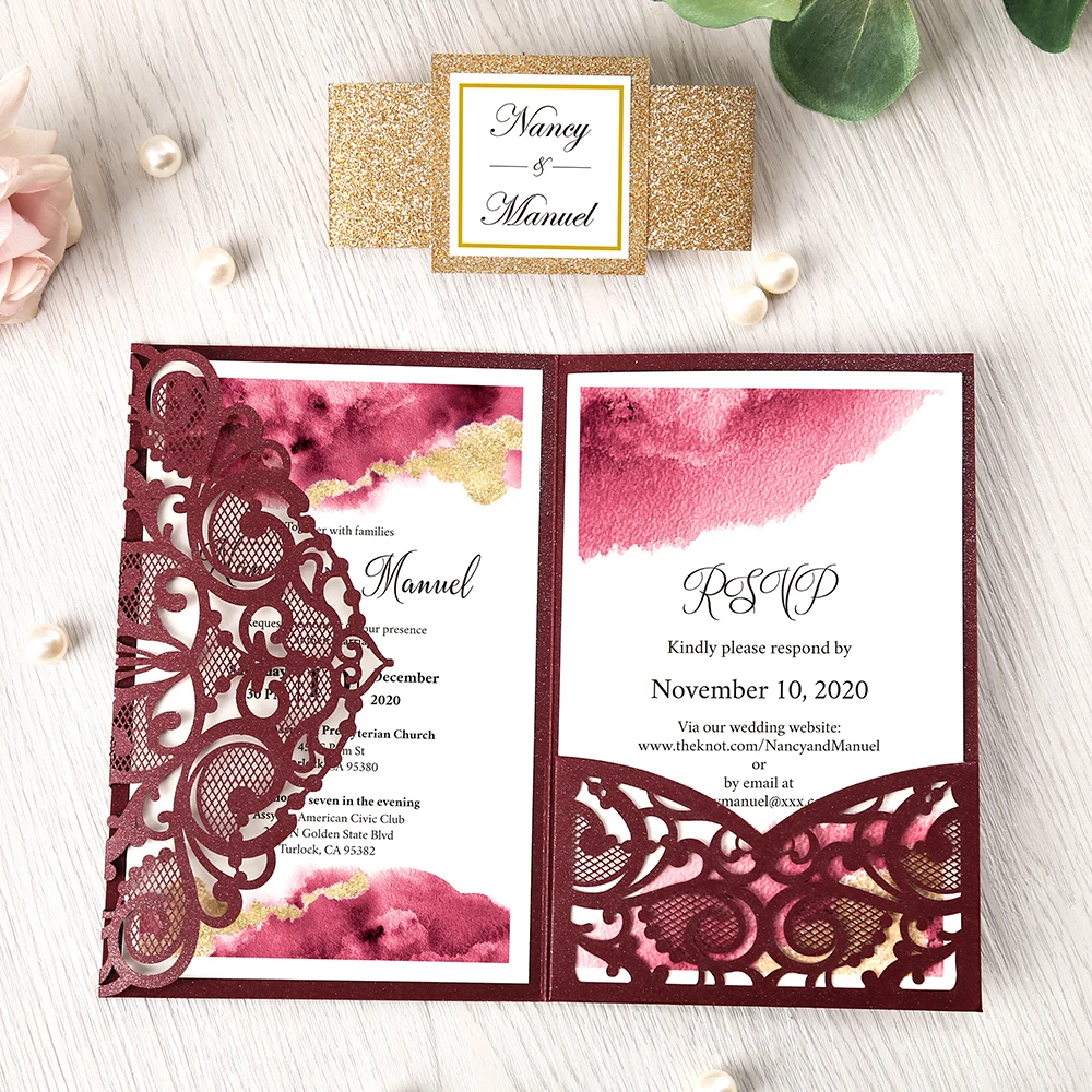 Fall Wedding Burgundy and White Laser Cut Wedding Invitation Custom ...