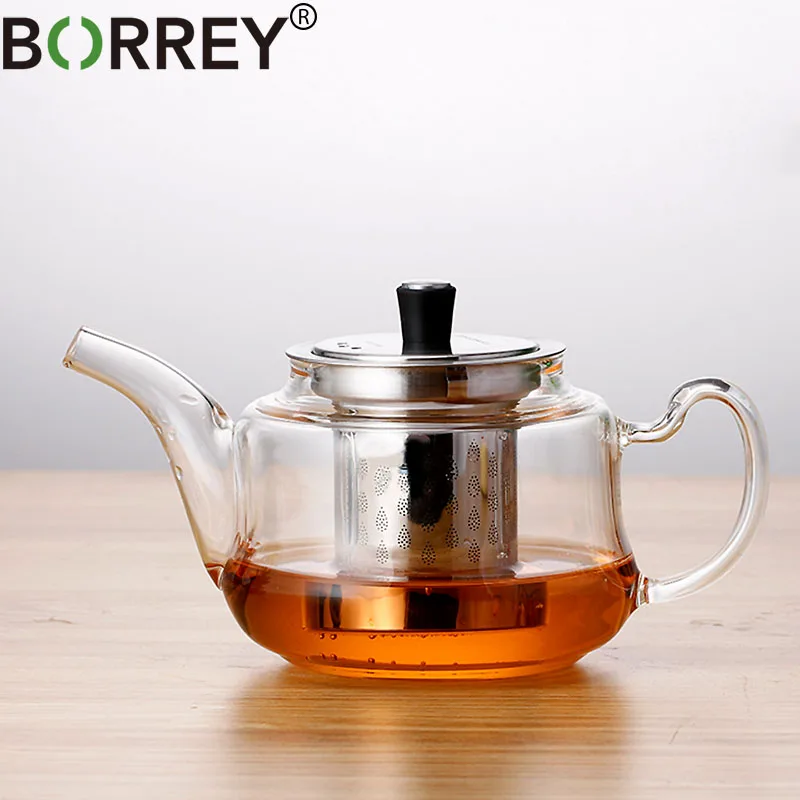 Borrey 찻주전자 유리 퓨어 주전자 꽃 차 세트 내열성 유리 찻주전자 인퓨저 차 커피 탈착식 필터 차 용품 보리 티 주전자