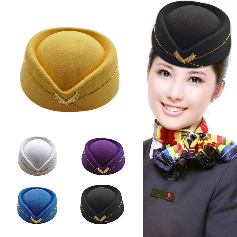Felt Stewardess Hat Party Cosplay Wool Air Hostesses Beret Hats Airline ...