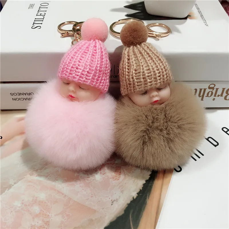 New Pompom sleeping baby keychain cute fluffy Plush doll Keychains ...