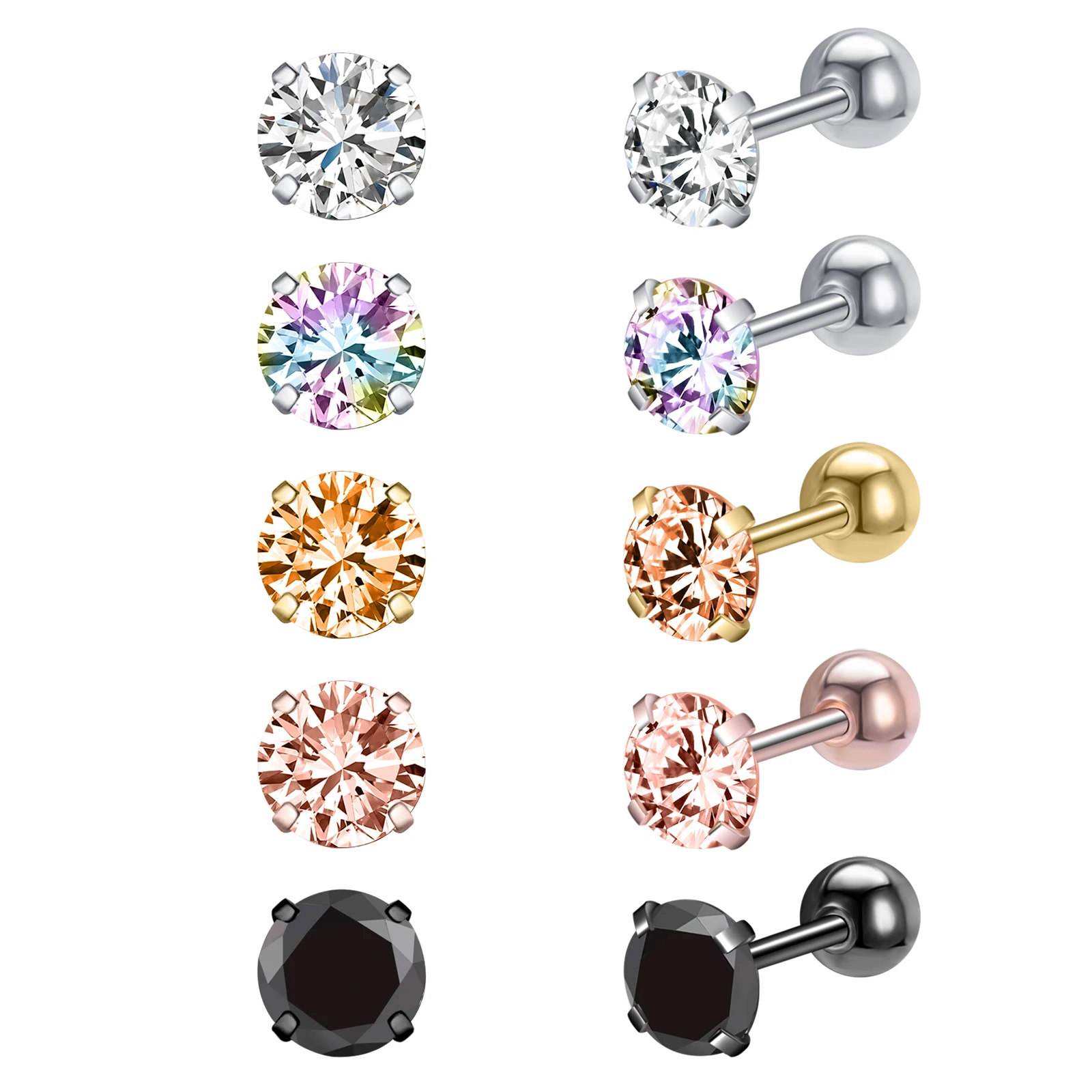 10Pc/Lot 20G Stainless Steel Stud Earrings Set Round Crystal Ear Studs ...