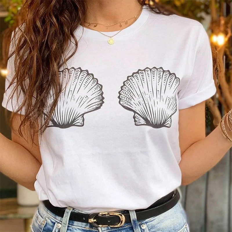 Mermaid Sea Shell Bra Print T shirt Women Aesthetic Boob Graphic Funny ...