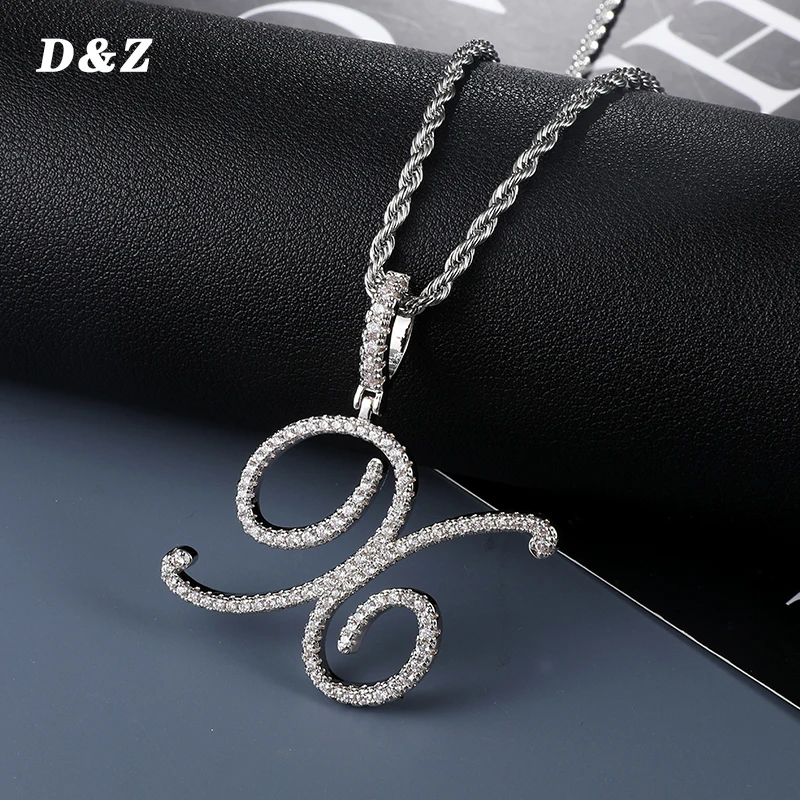 D&z New A-z Cursive Letters Name Pendant &necklace Iced Out Cubic ...