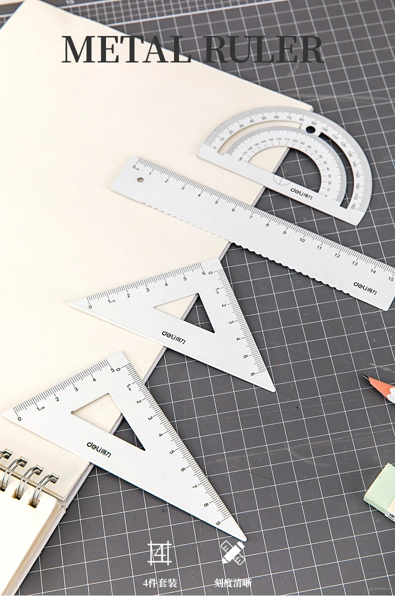 Regle - equerre,ensemble de règles en métal 4 pièce-ensemble,alliage d ...