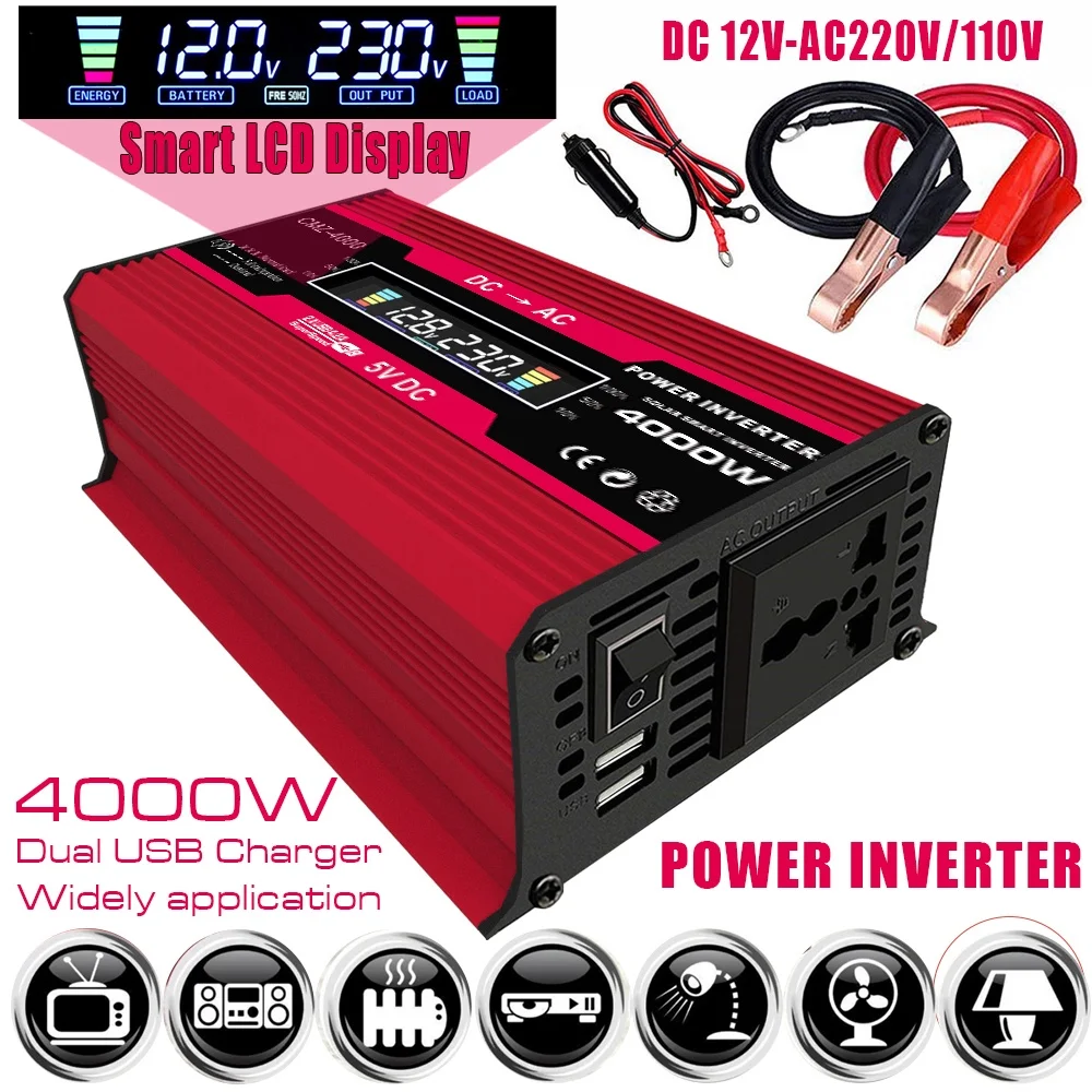4000W Car Power Inverter Converter LED Display Adapter Dual USB Voltage ...
