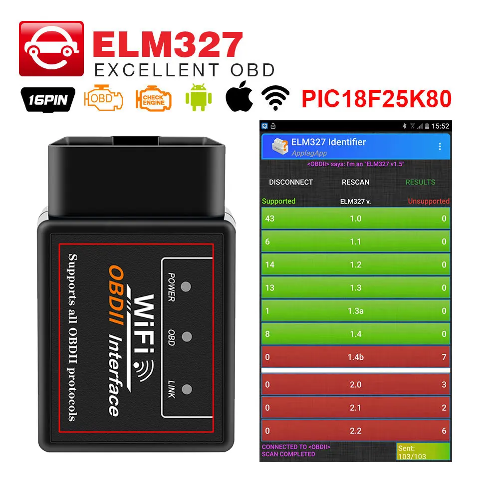 Herramienta de diagnóstico automotriz ELM327 V1.5 con chip PIC18F25K80, lector de código obd ELM ...