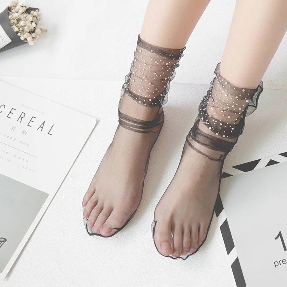 Women Socks Transparent Glitter Crystal Silk Lace Elastic Short Ankle ...