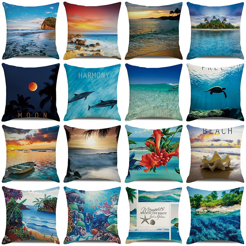 Blue-Ocean-Style-Square-Cushion-Cover-45x45-cm-Beach-Coconut-Grove ...