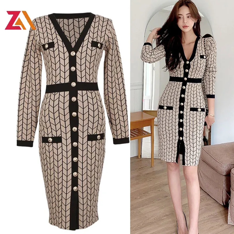 Zalady Korean Chic Knitted Midi Dress Autumn Spring Long Sleeve Plaid ...
