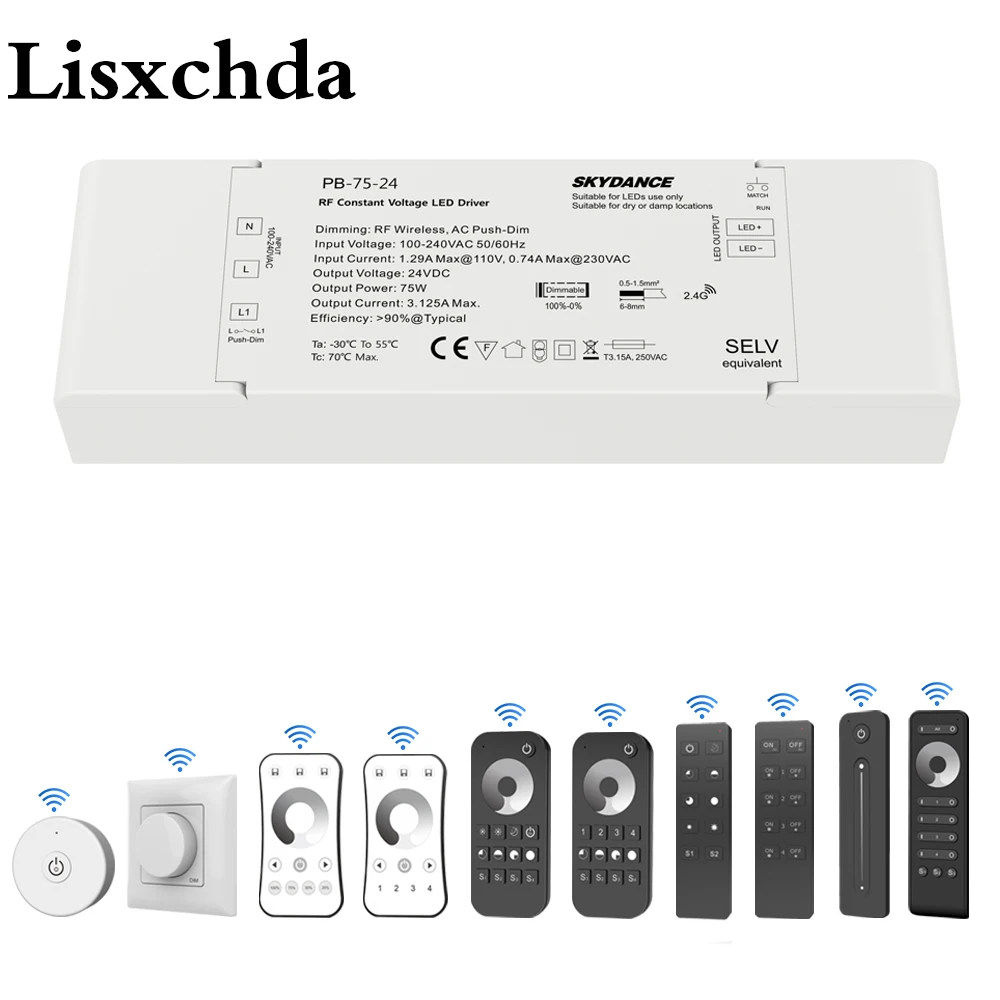 LED-Driver-Dimmable-DC-12V-24V-75W-Wireless-2-4G-RF-Remote-Control-Push ...