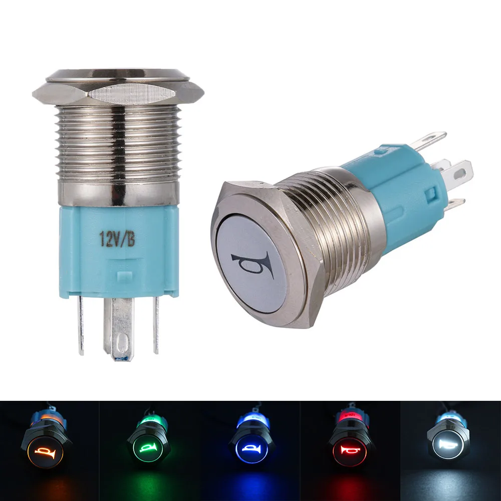 12V 16mm LED Momentary Push Button Metal Waterproof Switch Car Boat ...