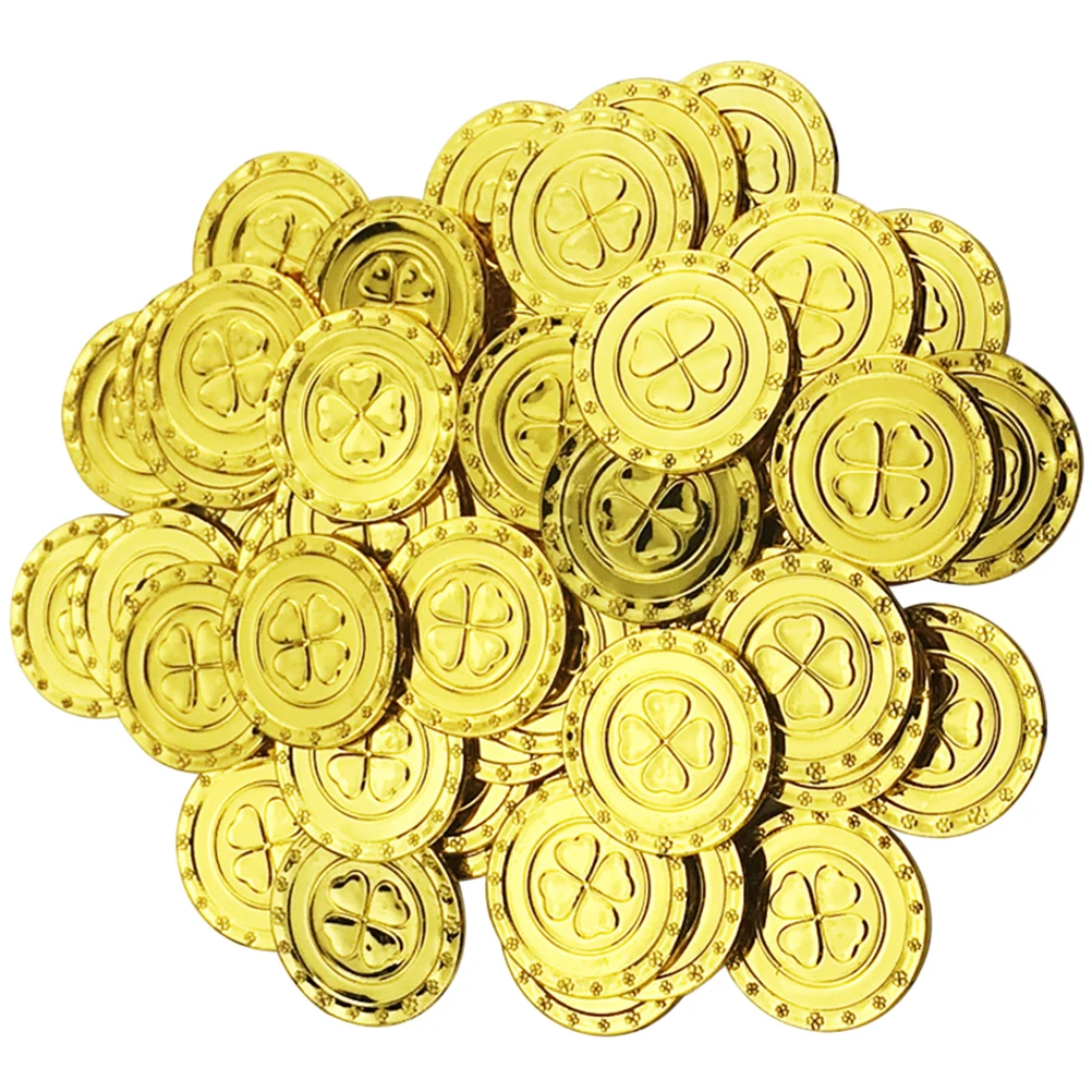 100pcs-Plastic-Golden-Coins-Kids-Gold-Coins-Toy-Lucky-Four-Leaf-Clover ...