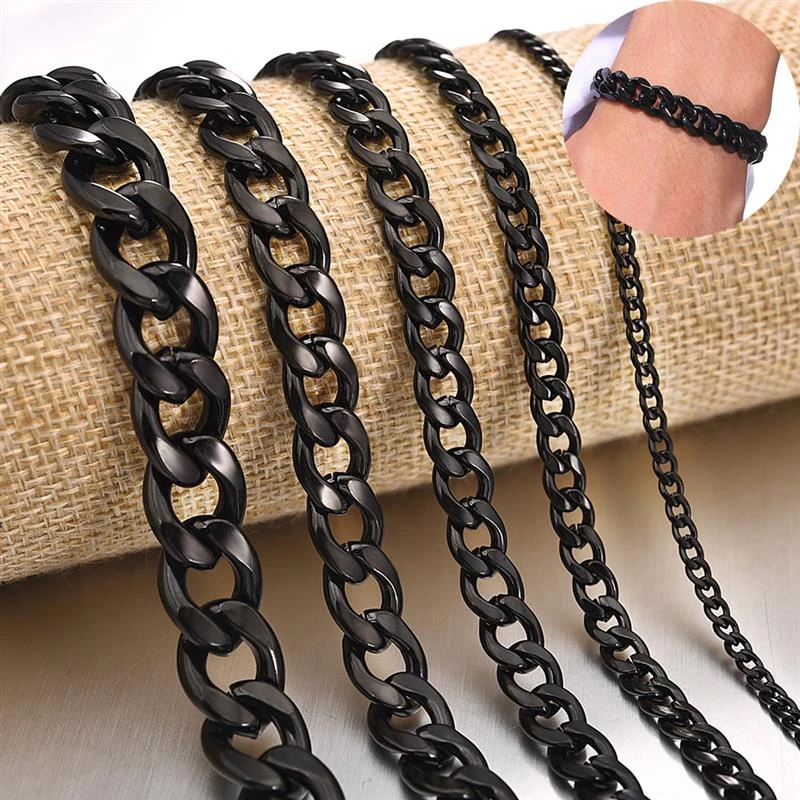 Black Titanium Steel Bracelet Chain For Men Women Fashion Classic Solid ...