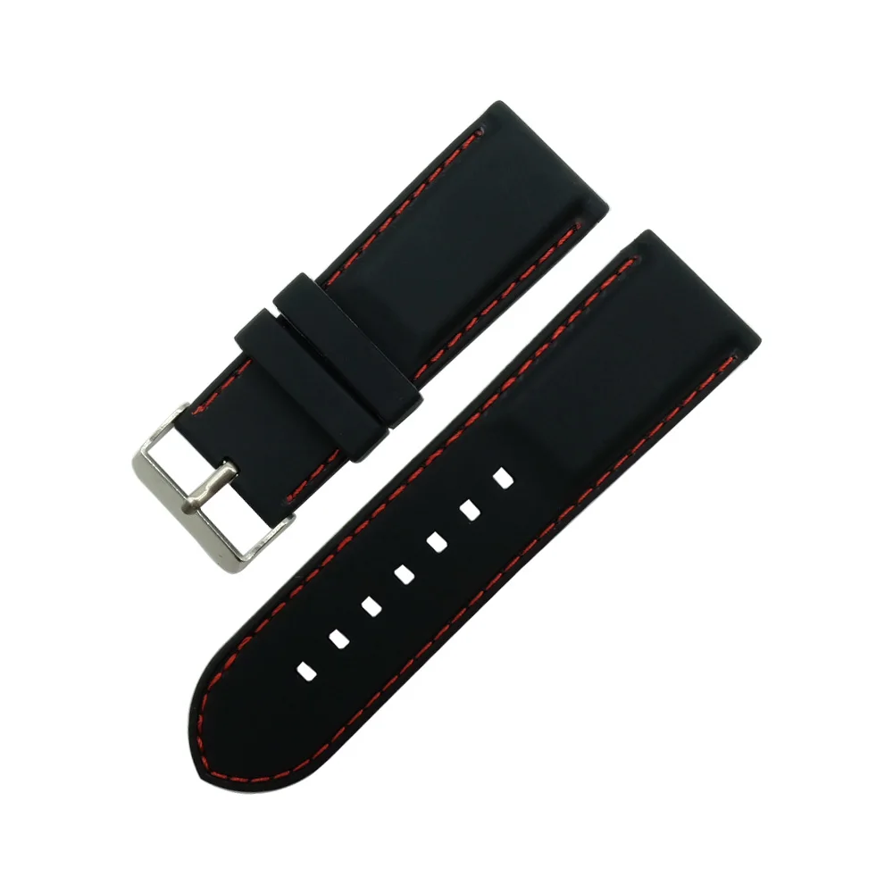 24mm 26mm 28mm Rubber Red Line / White Line Watch Band Strap Belt Clasp ...
