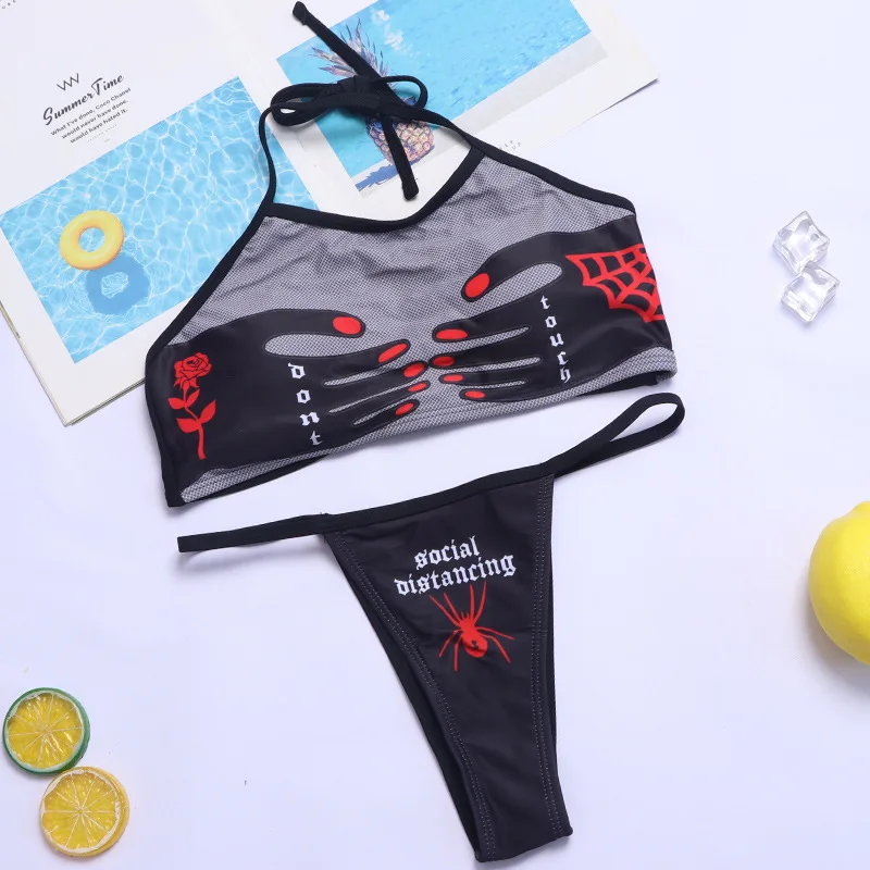 Goth Black Bikinis Set Women Swimwear Push Up Halter Tie Up Bandeau ...