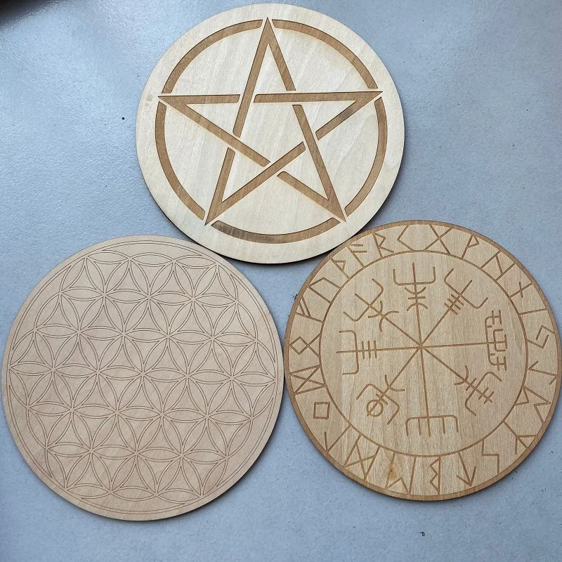 15cm Wood Round Altar Tile/pad With Viking Compass ,pentagram ...