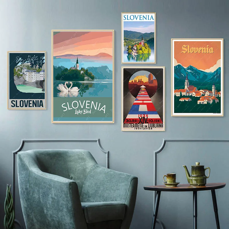 Slovenia Lake Bled Ljubljana Travel Map Canvas Paintings Vintage Wall ...