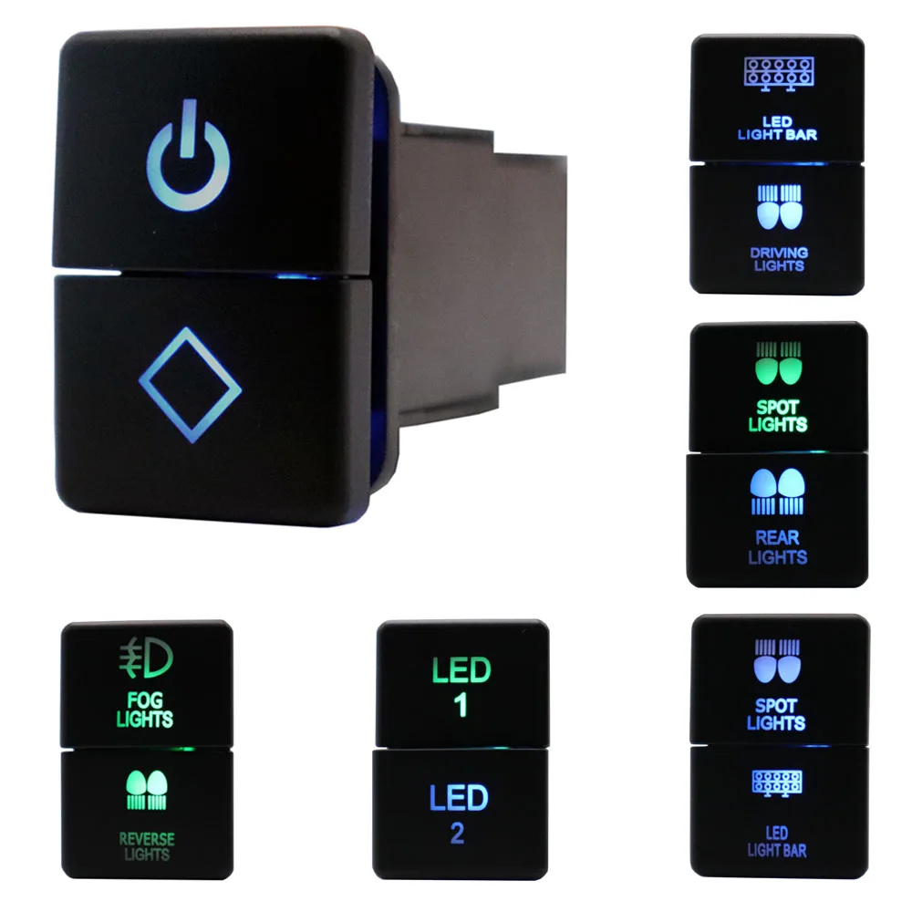 12V-Dual-Push-Button-Switch-ON-Off-Blue-Green-Backlit-with-Connector ...