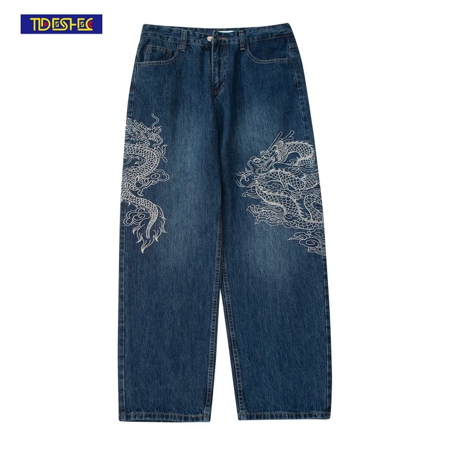 2022 Men's Denim Jeans Chinese Style Dragon Embroidered Wide leg Pants ...