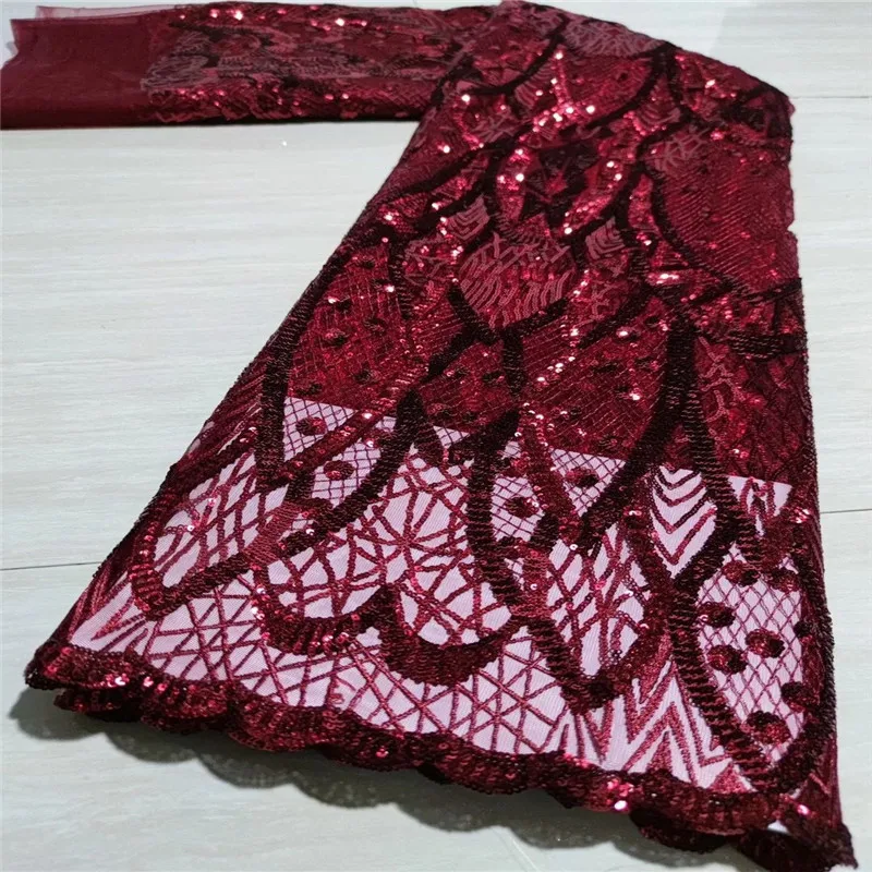 Wine Red Net Lace Fabric Orange Color Sequins French African Nigerian ...