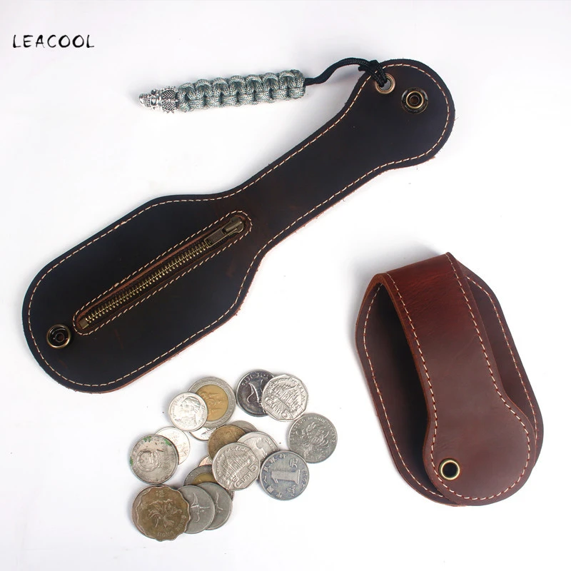 LEACOOL 100% Genuine Leather Racket Sap Big Capacity Coin Purse Defense ...