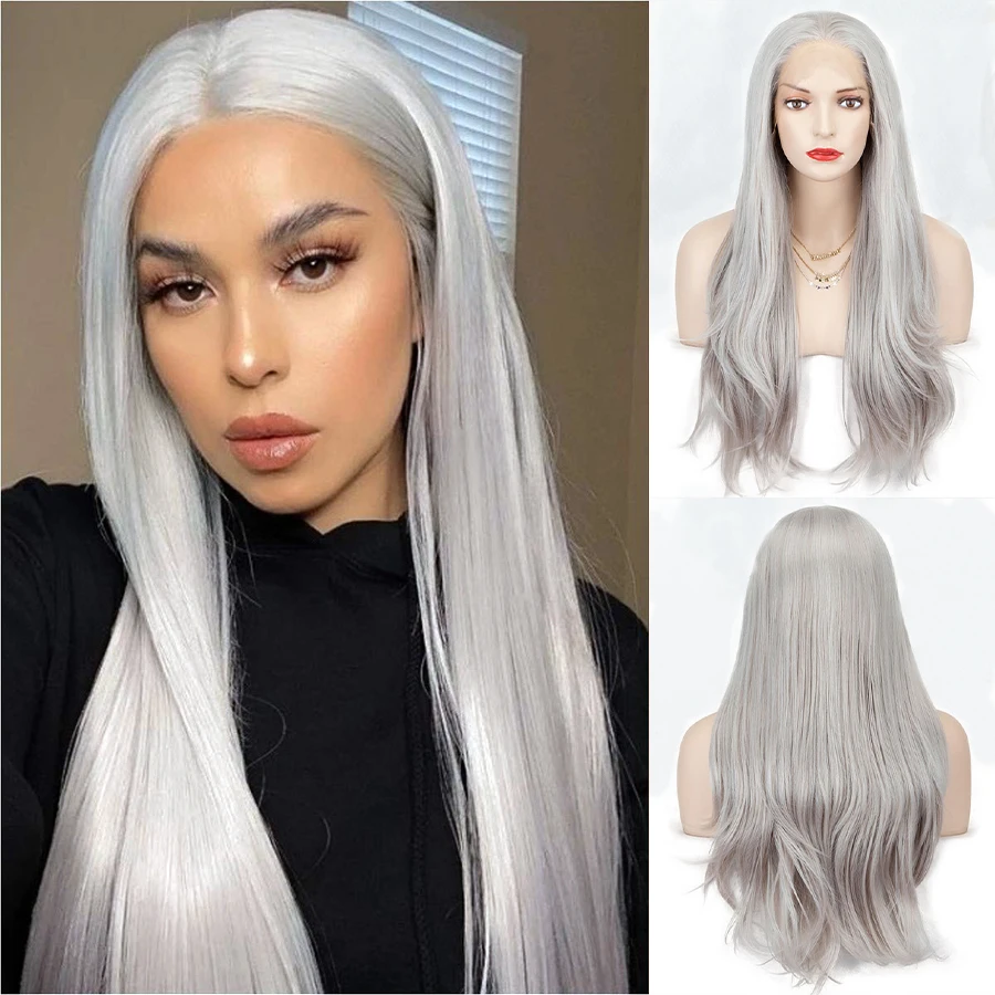 Scheherezade Long Natural Straight Grey Color Synthetic Lace Closure ...