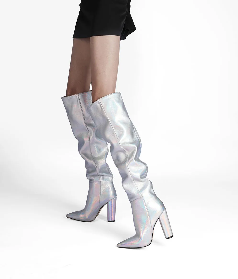 Botas-hasta-la-rodilla-coloridas-de-tac-n-grueso-con-punta-puntiaguda ...