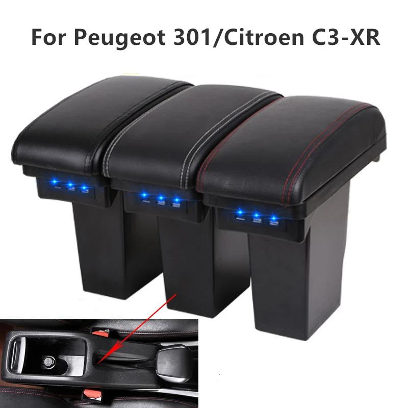 For Peugeot 301 2008 Citroen C3 XR 2017 2018 2019 Car Armrest Box 3 USB Leather Center Storage ...