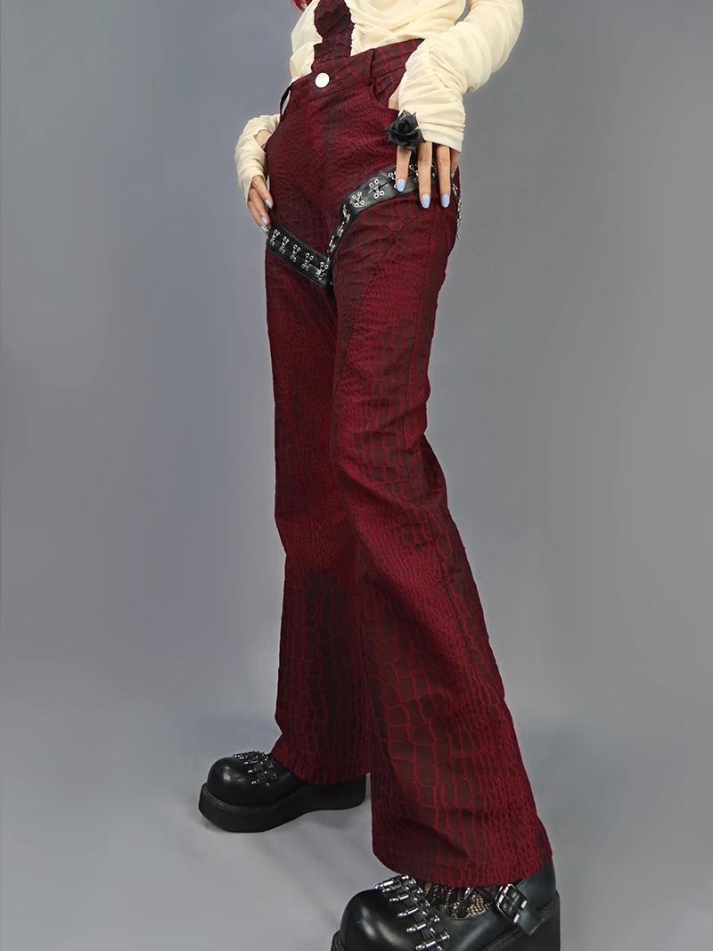 Original Design Punk Goth Dark Long Flare Pant Red Wine Black Leather ...