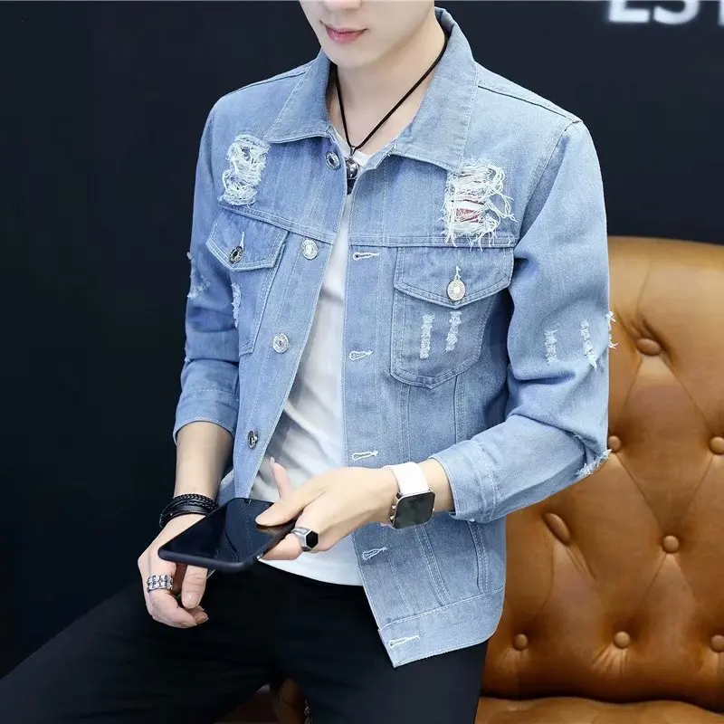 Korean Trendy Jacket Men's Ripped Hole Denim Jacket Spring And Autumn ...