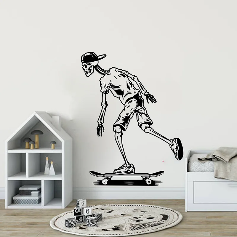 Large Skateboard Skull Wall Sticker Kids Room Skating Skateboarding ...