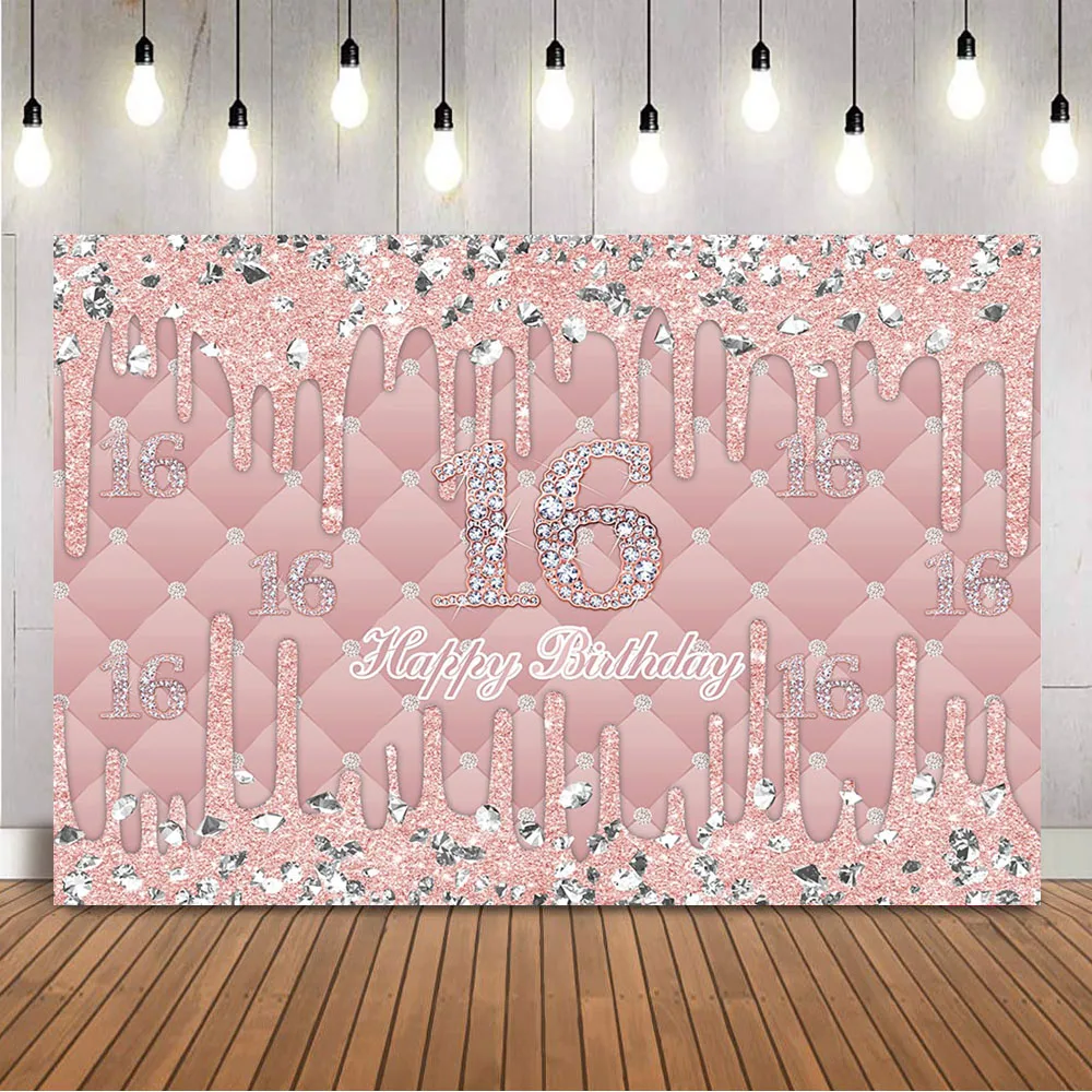 Sweet 16 Birthday Backdrop Pink Girls Sliver Glitter Sixteen Happy Birthday Party Decoration ...
