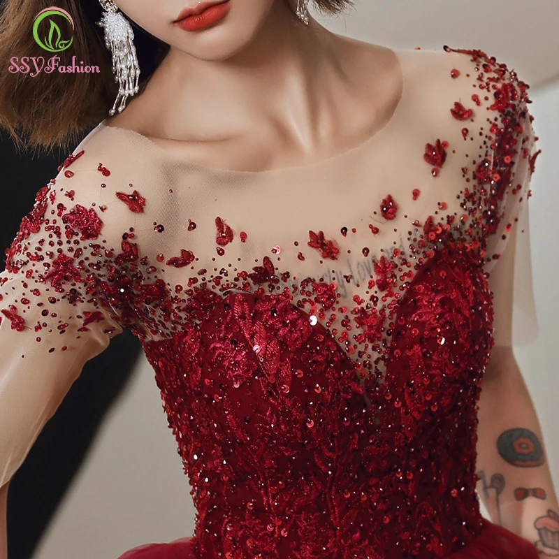 SSYFashion-New-Elegant-Banquet-Wine-Red-Evening-Dress-for-Women-Lace ...