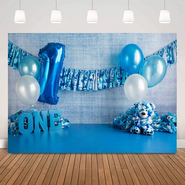 Children One Birthday Portrait Backdrop Blue Bear Kids 1st Birthday ...