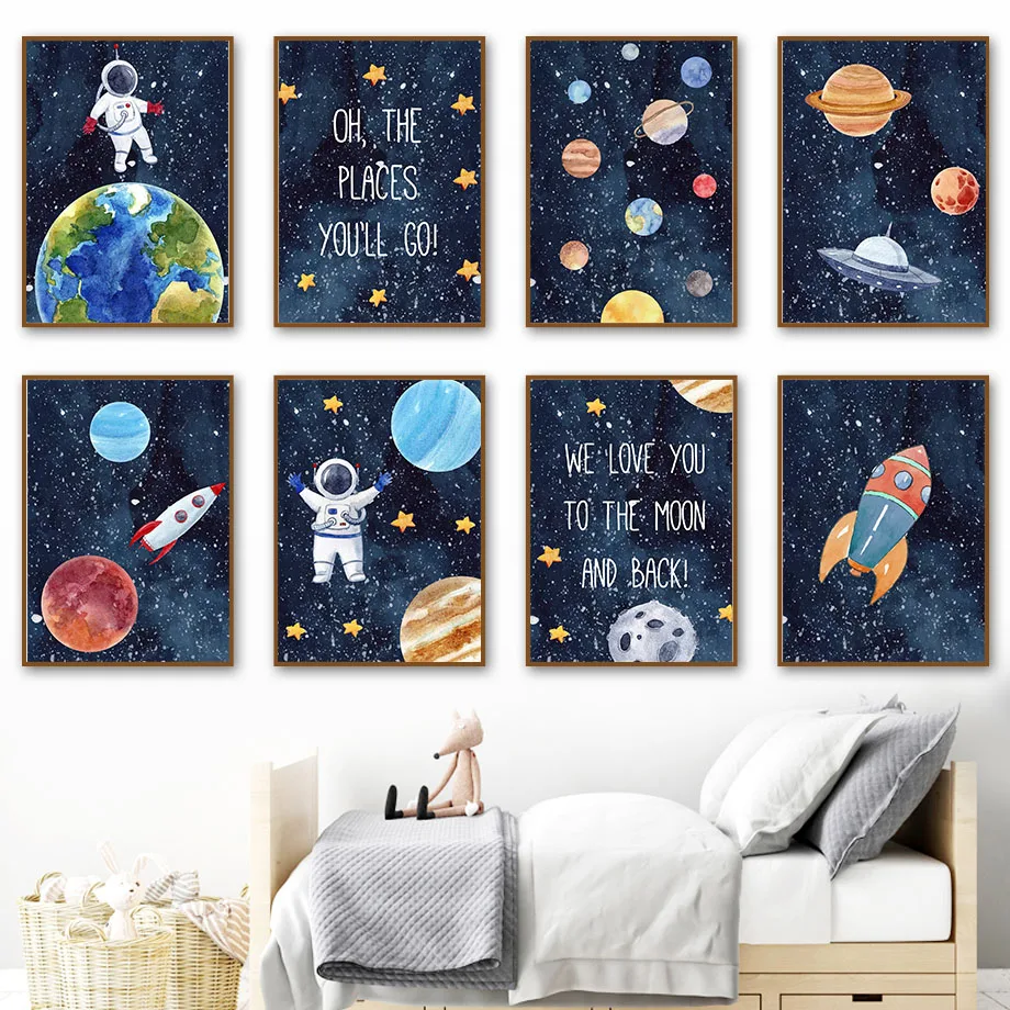 Space-Planet-Rocket-Astronaut-Star-Nursery-Wall-Art-Canvas-Painting ...