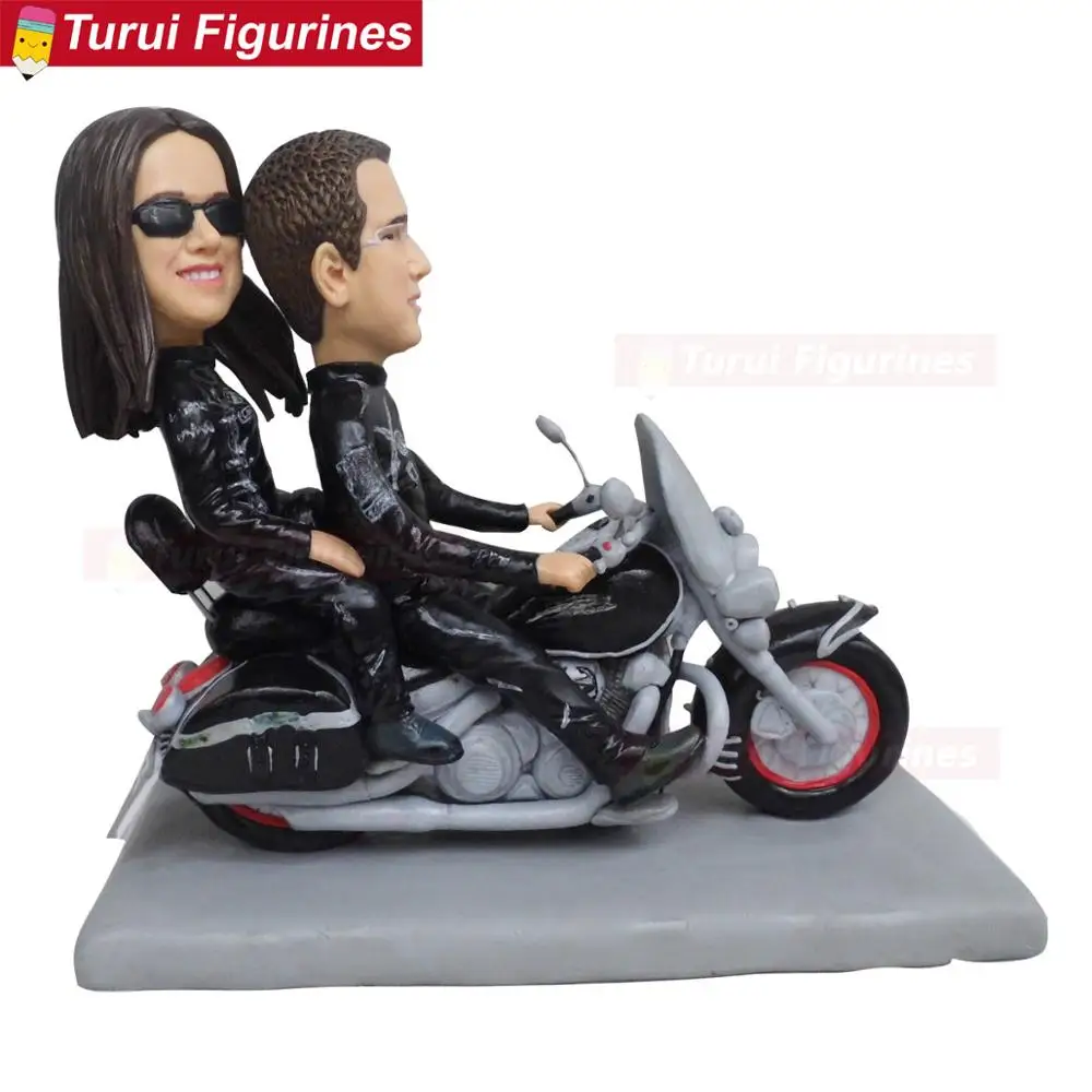 Couple Riding Old Motorcycle Sculpture Polymer Clay Dolls Mini Statue ...