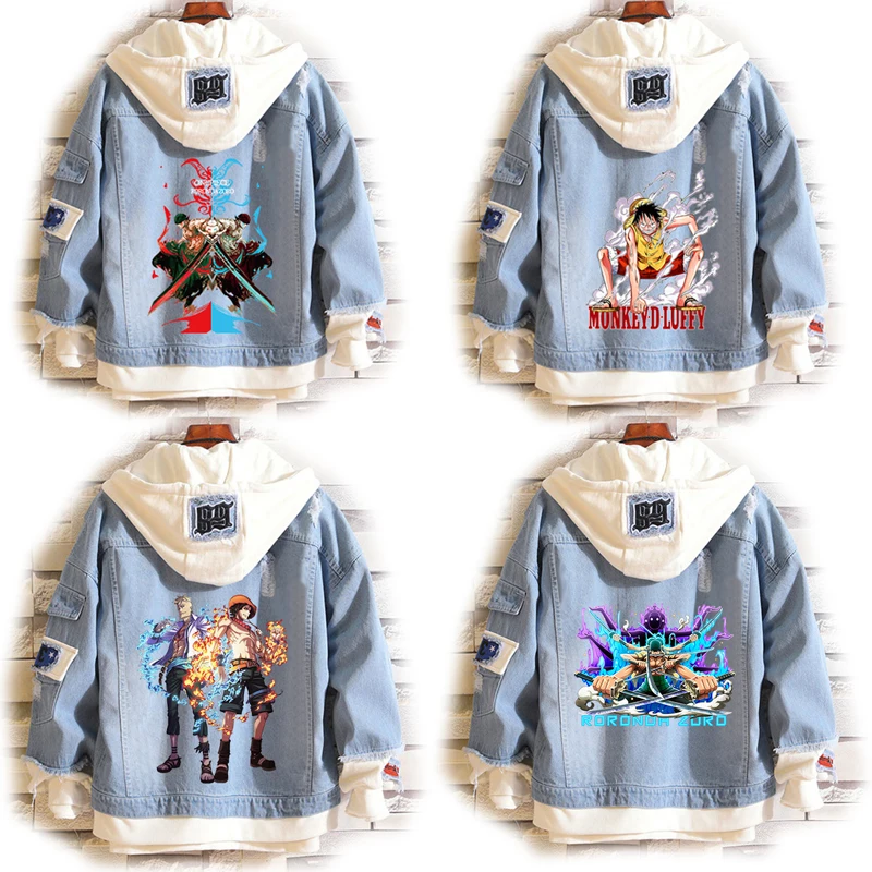 One Piece Luffy Cosplay Denim Jackets Ace Hooded Coats Roronoa Zoro ...