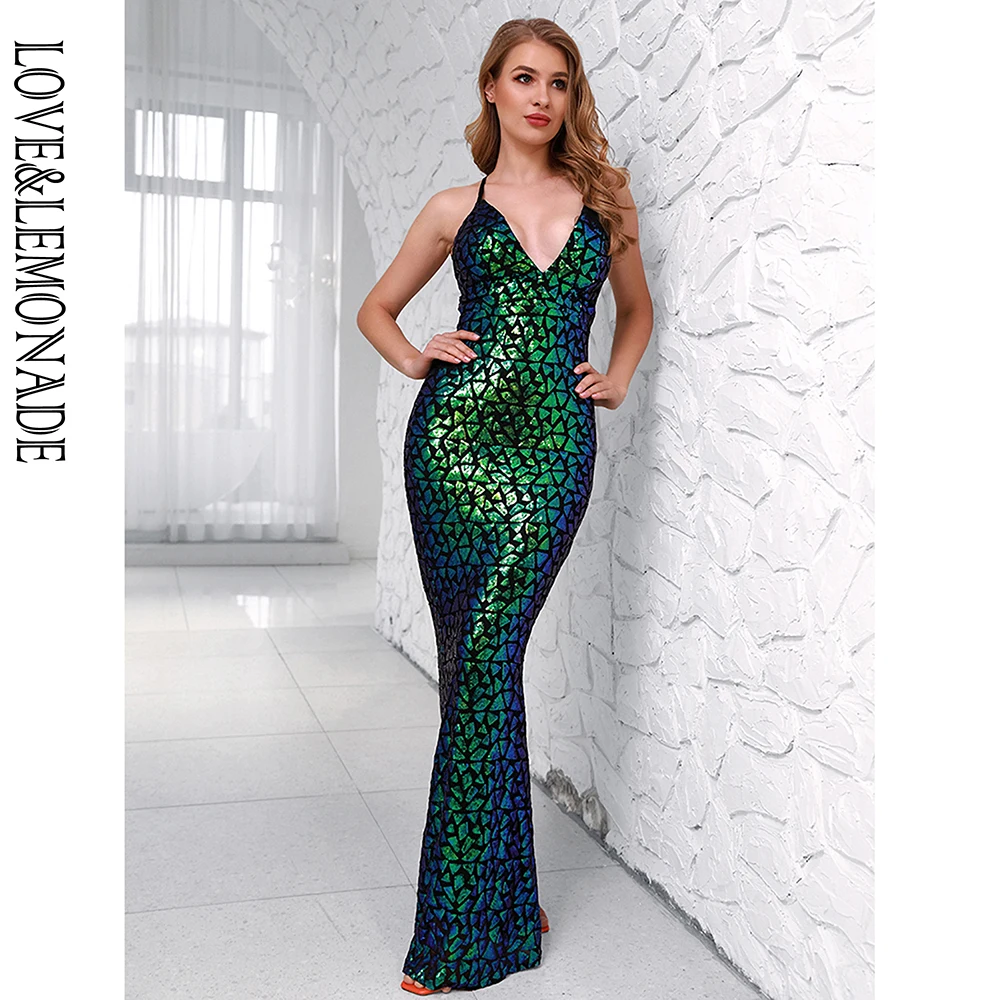 LOVE&LEMONADE Sexy Deep V Neck Open Back Green Square Sequins Bodycon ...