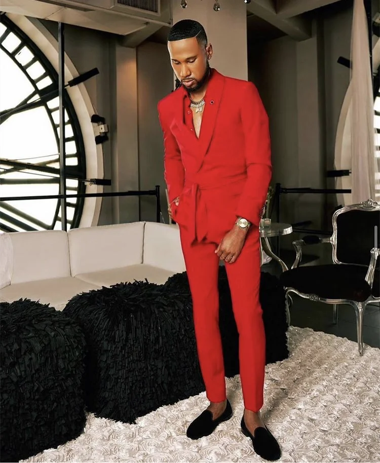 Red Men Suits With Belt Peak Lapel Fashion Wedding Tuxedo Terno ...