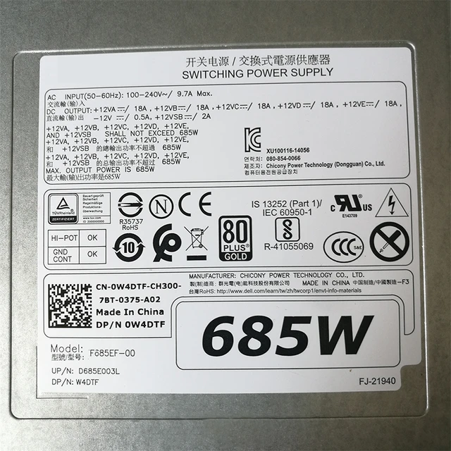 PSU For Dell T5610 T3610 T5810 7810 685W Power Supply D685EF-00 F685EF ...