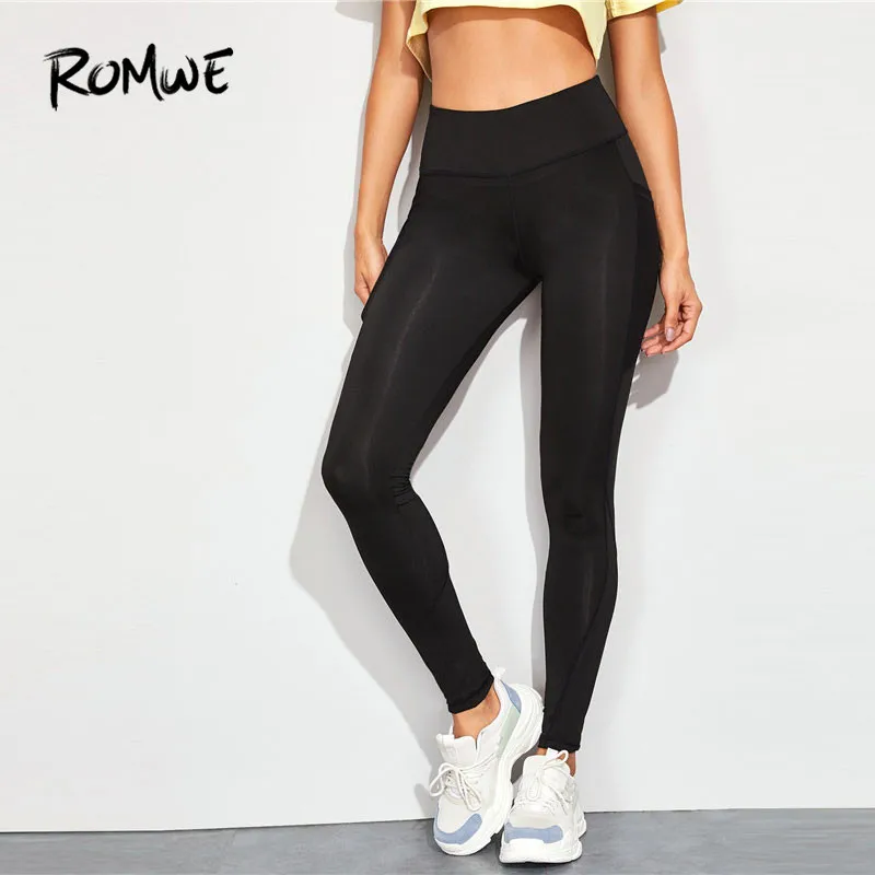 Romwe спортивный карман сторона твердые леггинсы женские спортивные ...