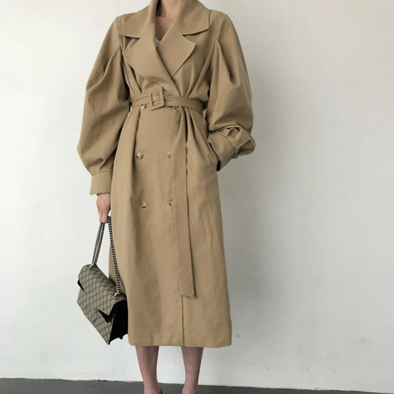 Двубортный длинный Тренч с поясом, Женское пальто, отложной воротник ...
